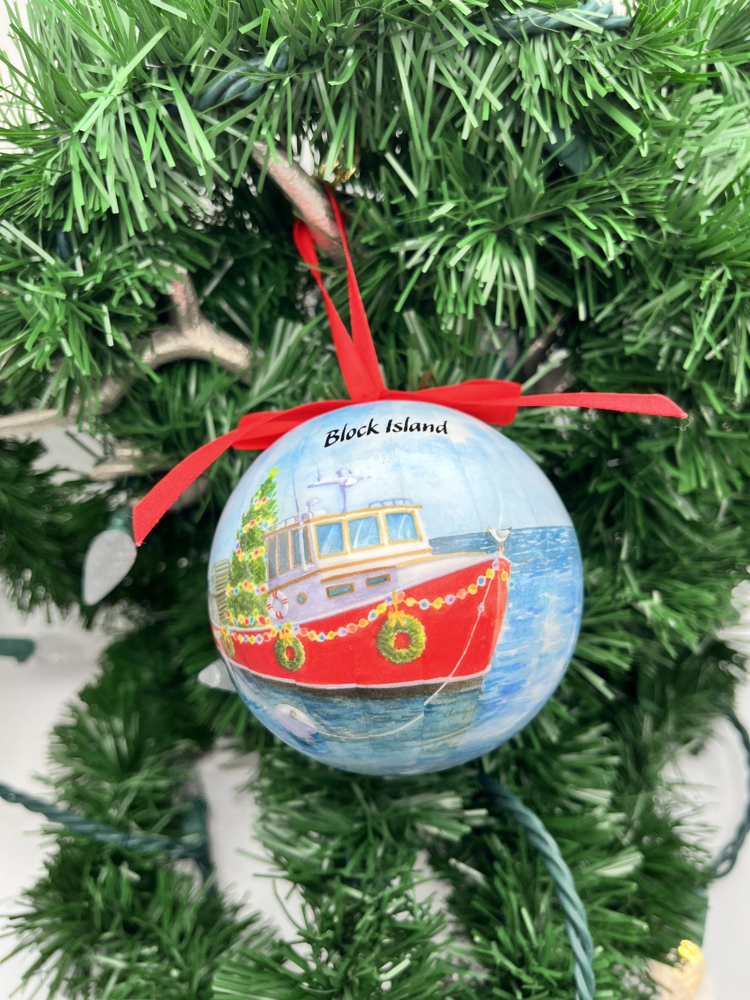 Lobster Boat Ball Ornament – BI Tees – Block Island Tees
